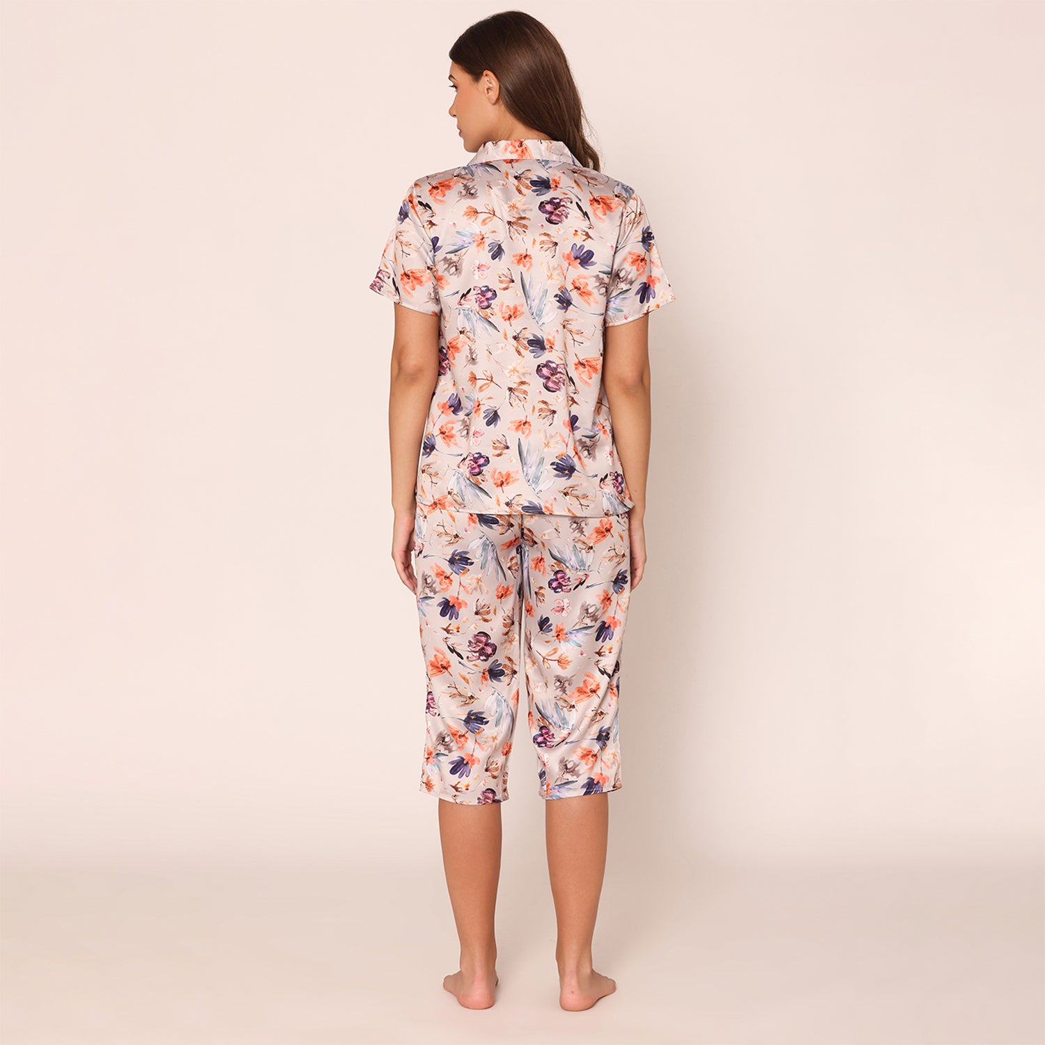 Women's Satin Floral Fantasy Night Suit Set of Shirt & Capri – BONJOUR