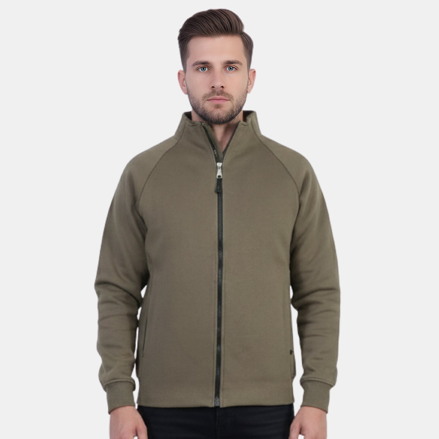 Buy Men’s Solid Zipper Jacket Dark Olive Winter Wear – BONJOUR
